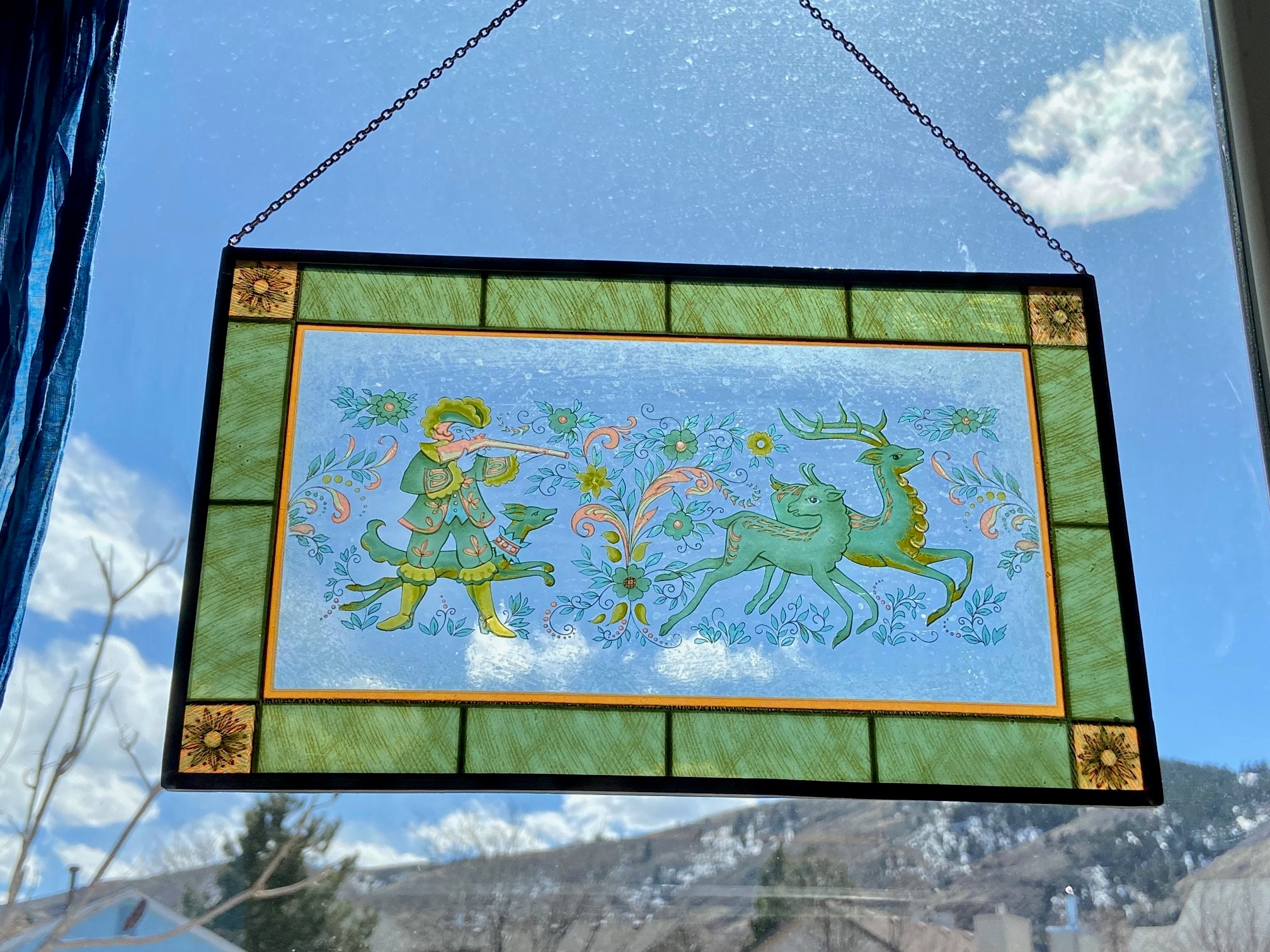 Vintage Hand Painted Glass Window Panel With Traditional Mid-european ...