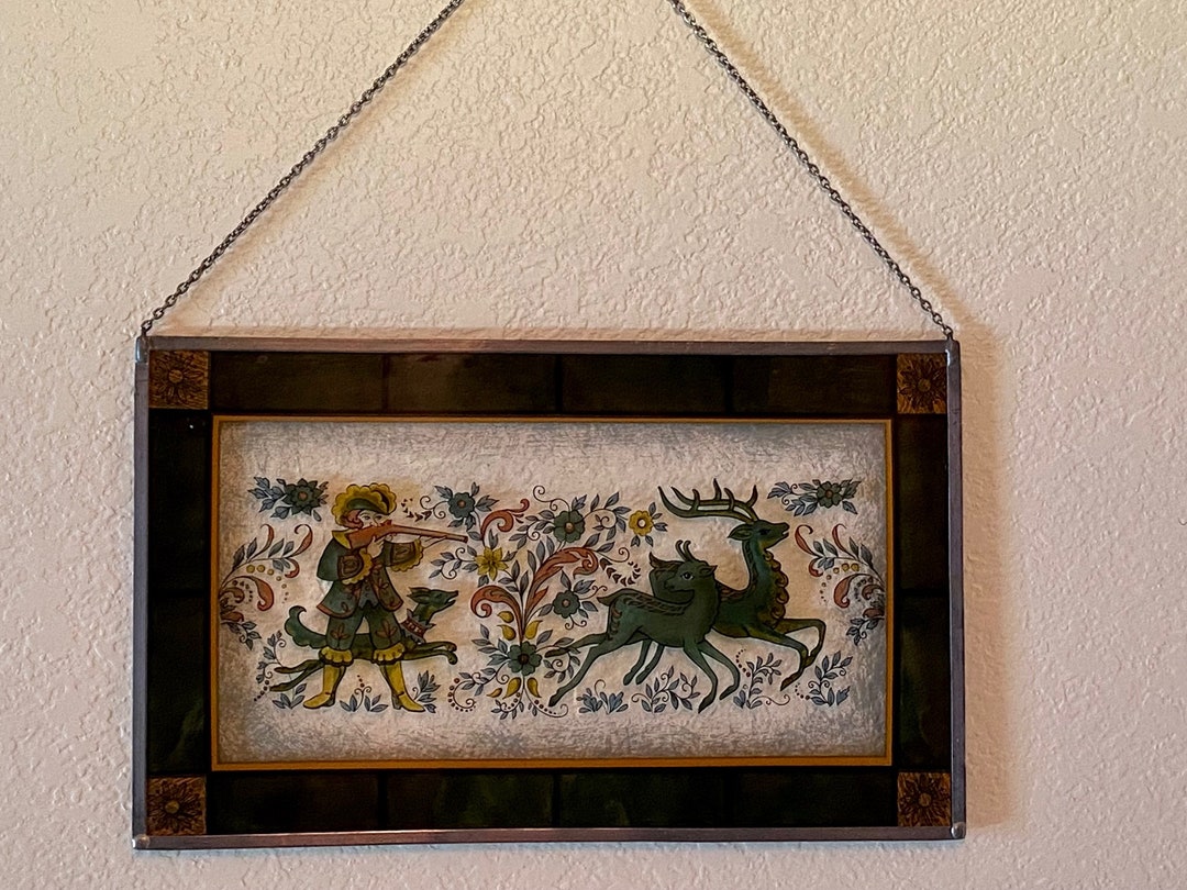 Vintage Hand Painted Glass Window Panel With Traditional Mid-european ...