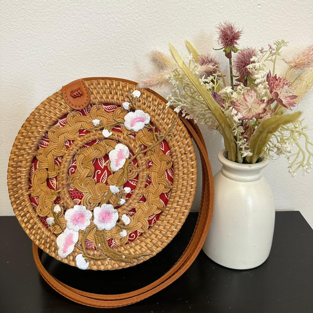 Rattan Round Bali Boho Bag - Floral Style - Hand Woven Crossbody Bag ...