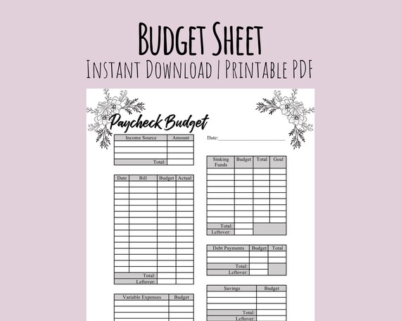 Floral Printable Budget Sheet Paycheck Budgeting Money - Etsy