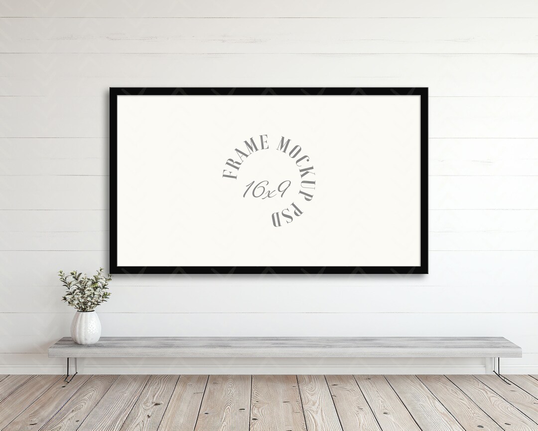 16x9 Frame TV Mockup, Horizontal Black Wood Frame TV Template, White ...
