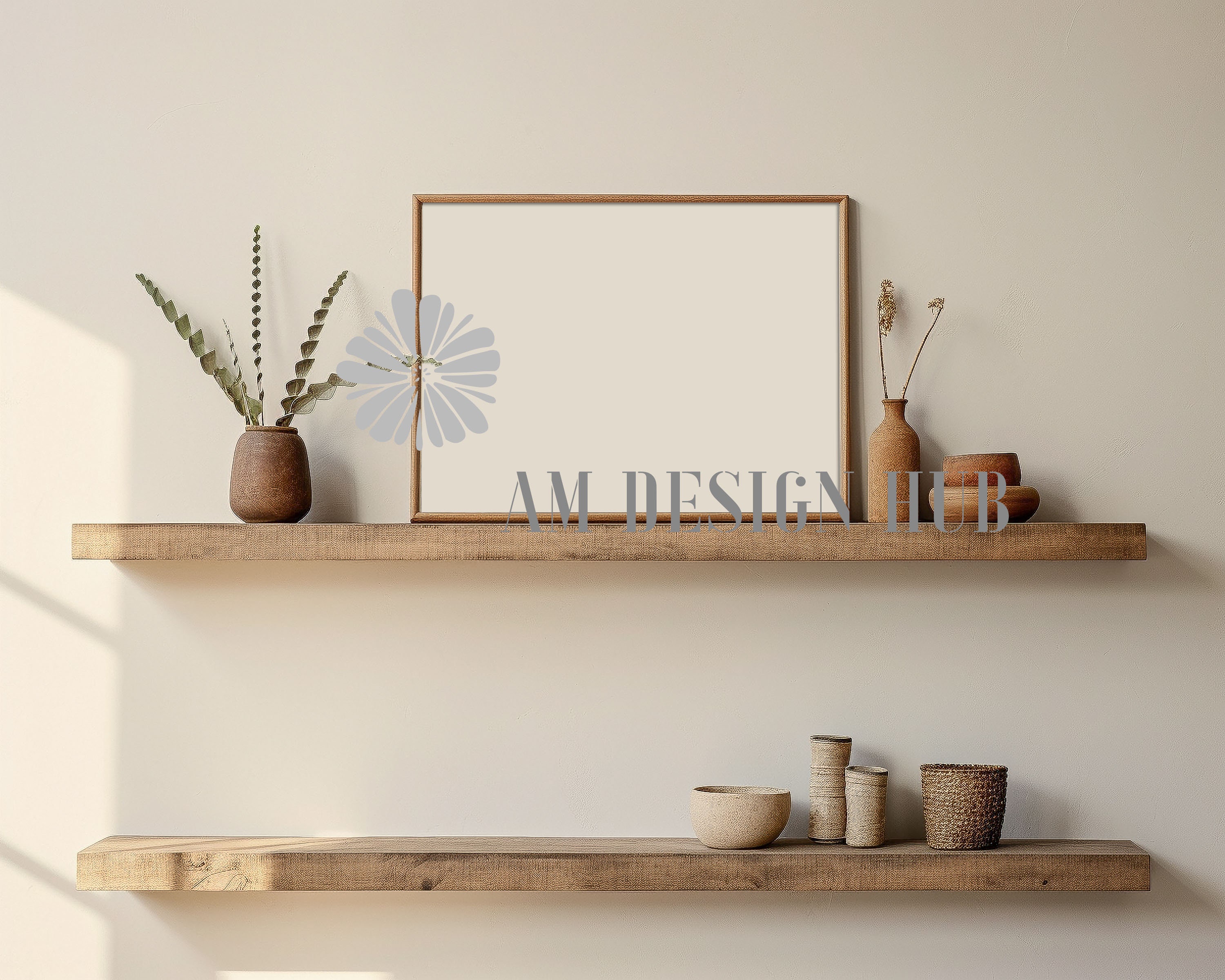 Horizontal Frame Mockup, 4x3 Wall Art Display With Boho Frame on Shelf ...