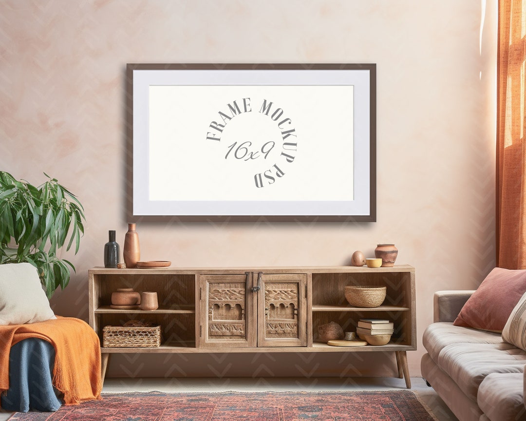 Frame TV Mockup, 16x9 Wood Frame TV Mockup, Cozy Boho Style, Framed Art ...