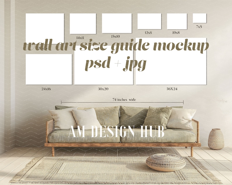 Wall Art Size Guide Mockup, PSD & JPG, Horizontal Poster Print Paper ...
