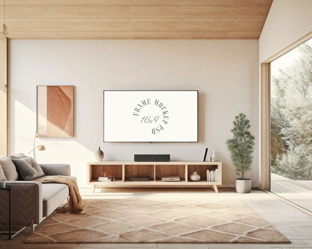 Frame TV Mockup PSD, 16x9 Horizontal Dark Frame TV, Framed Art on Wall ...