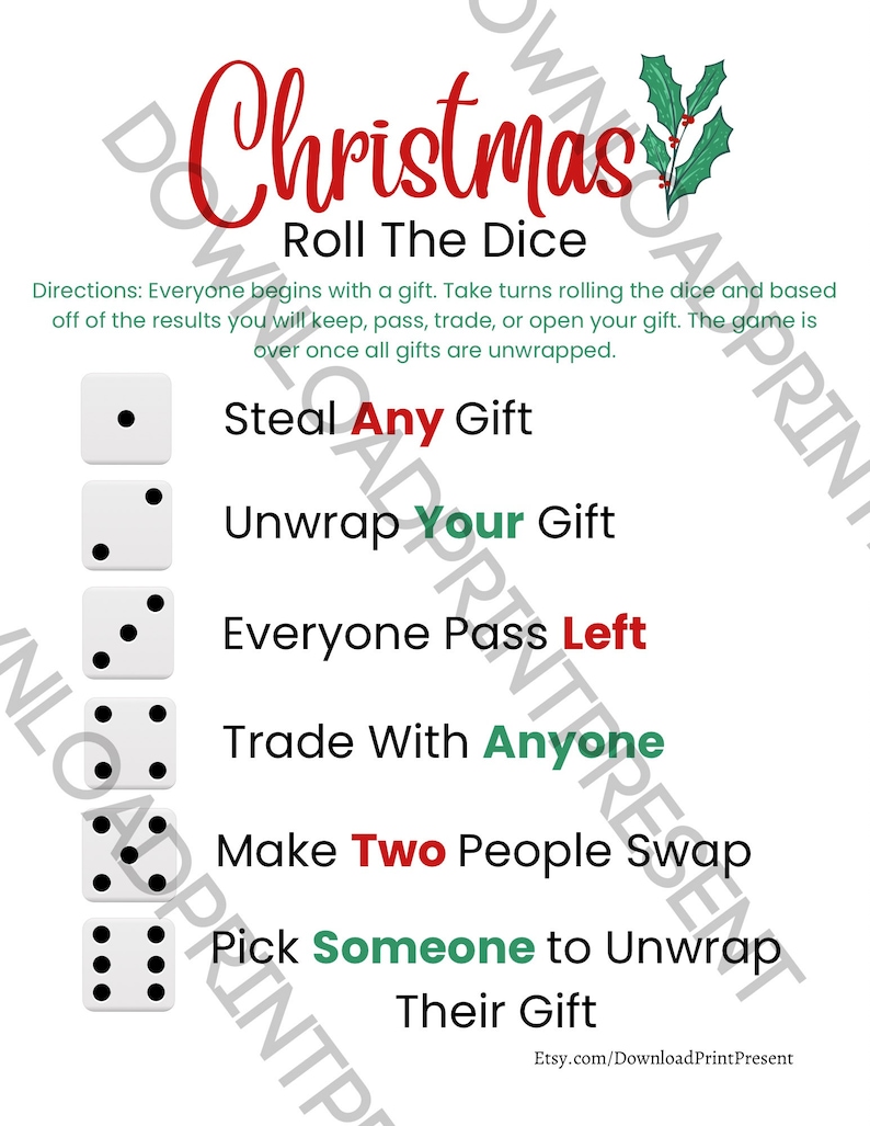 Roll the Dice Gift Exchange Christmas Dice Game Christmas Printable ...