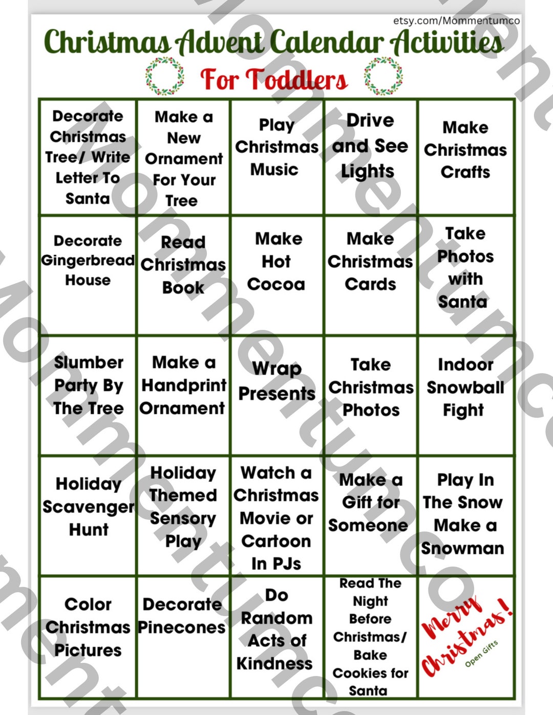 Advent Calendar Activity Cards Printable, Family Kids Toddler Christmas ...