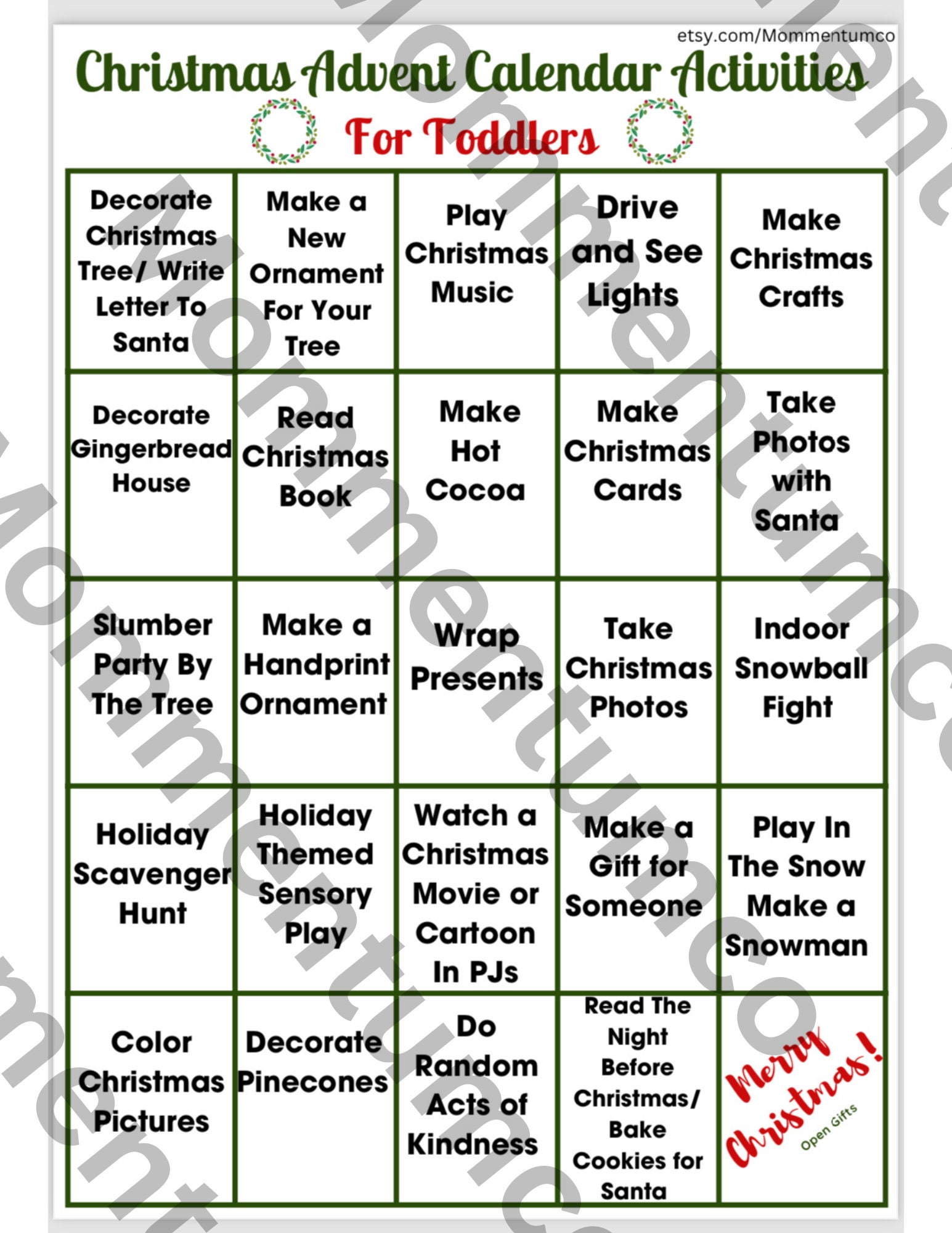 Advent Calendar Activity Cards Printable, Family Kids Toddler Christmas ...