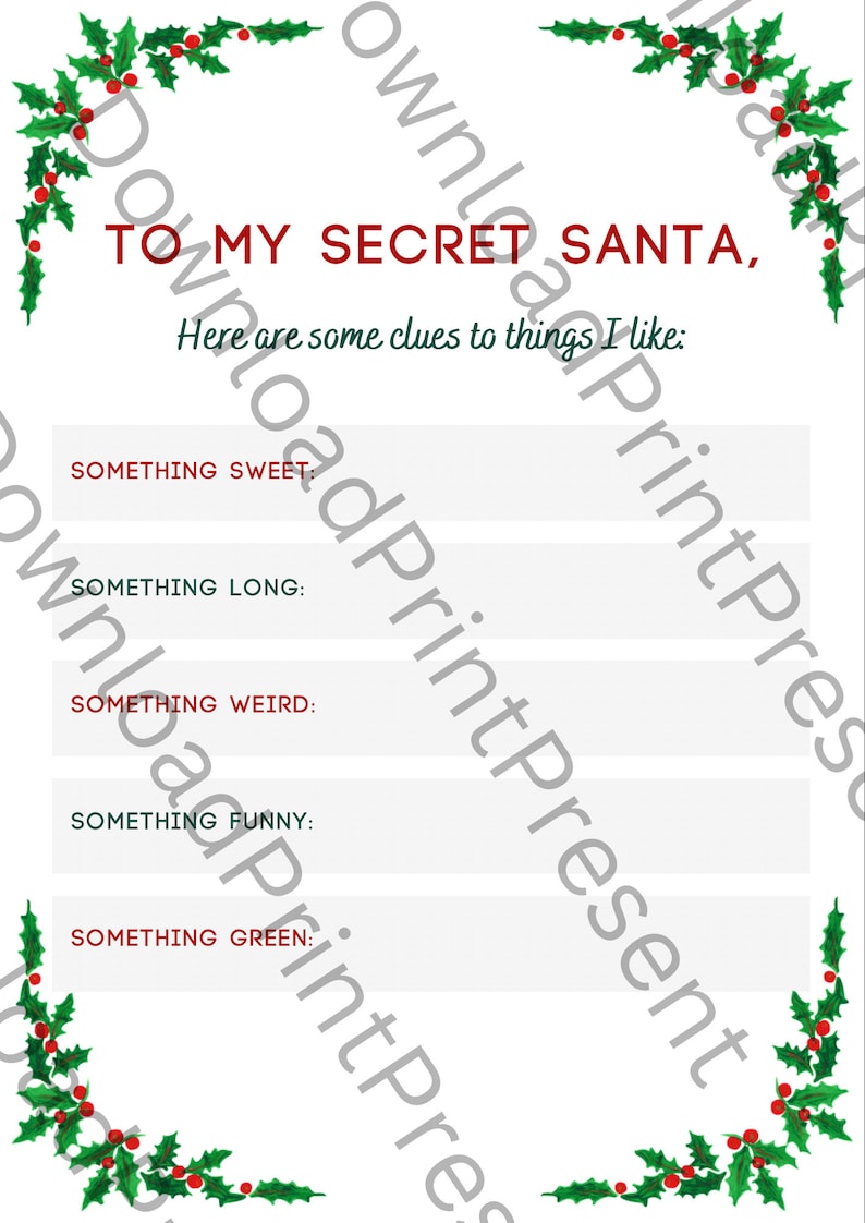 Secret Santa Printable | Secret Santa Form | Christmas Letter ...