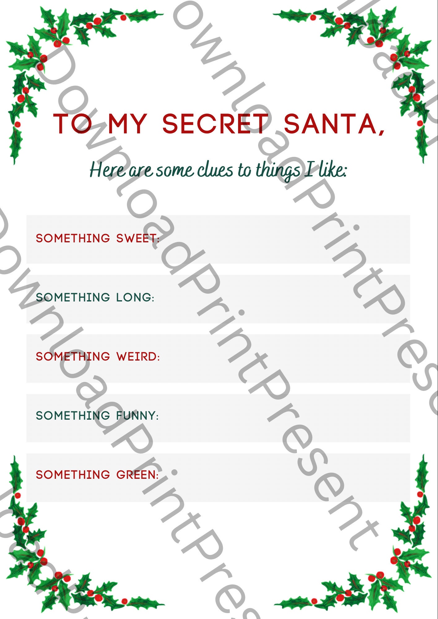 Secret Santa Printable | Secret Santa Form | Christmas Letter ...