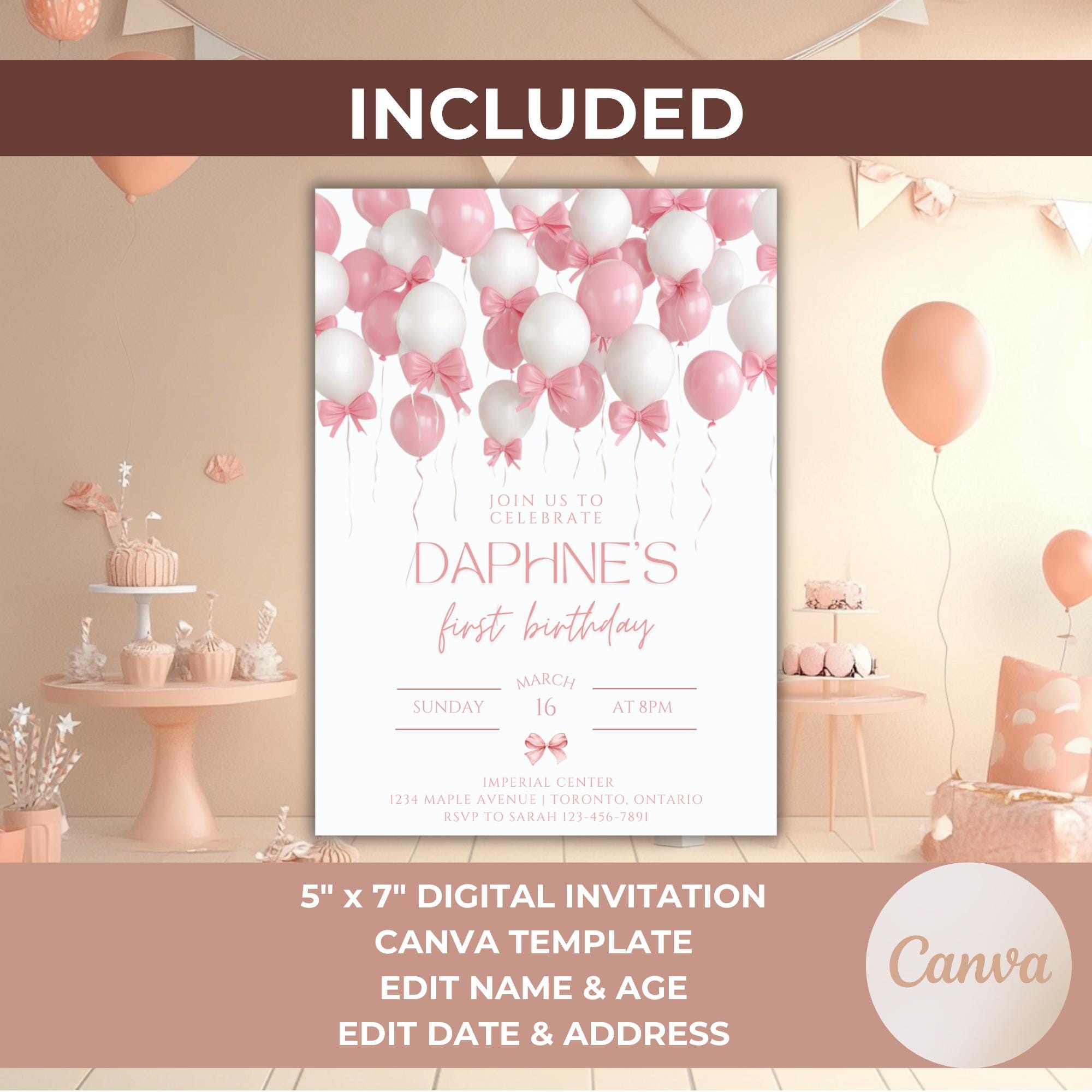 Bow Pink and White Birthday Invitation - Customizable Birthday Party ...