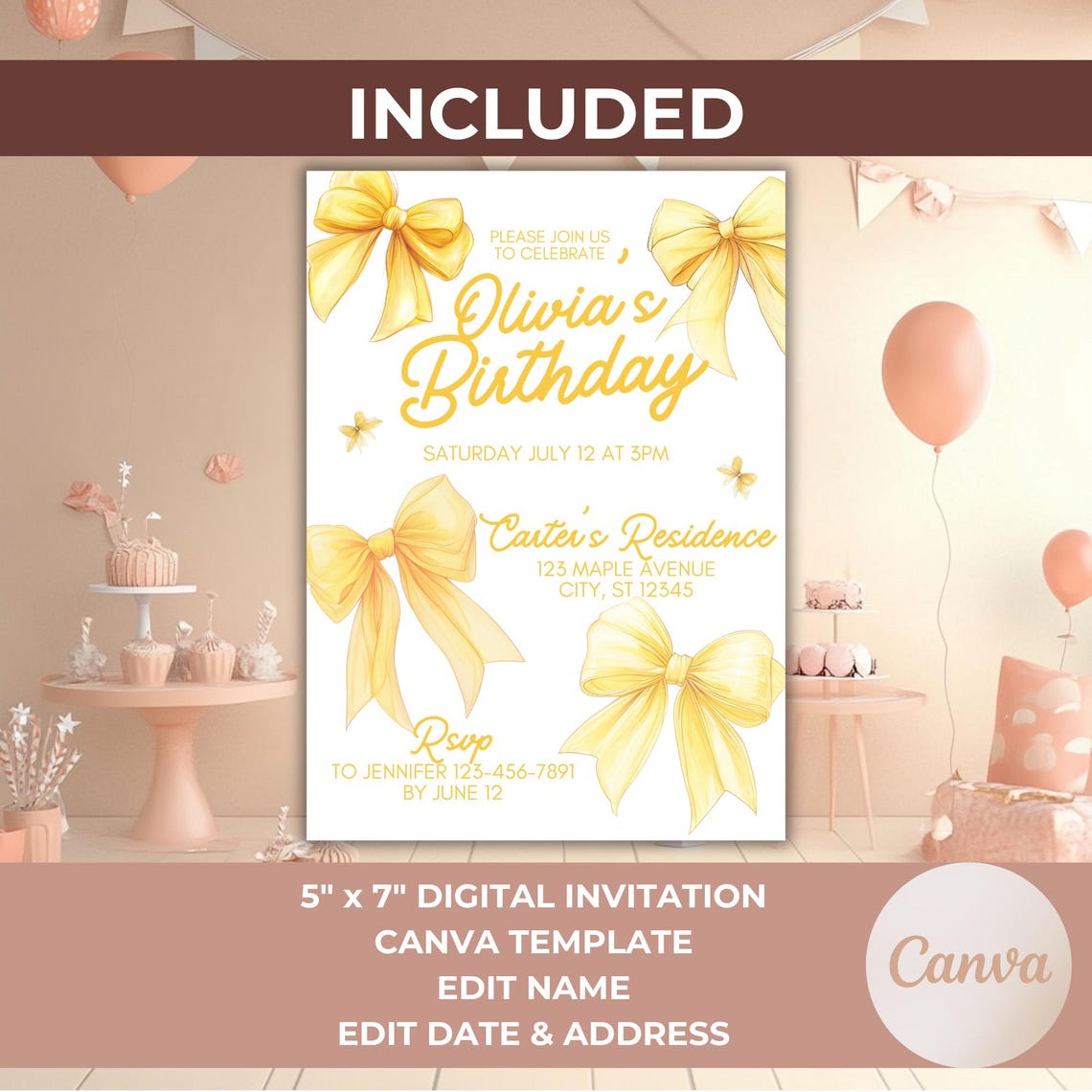 Bow Butter Yellow Birthday Invitation - Customizable Birthday Party ...