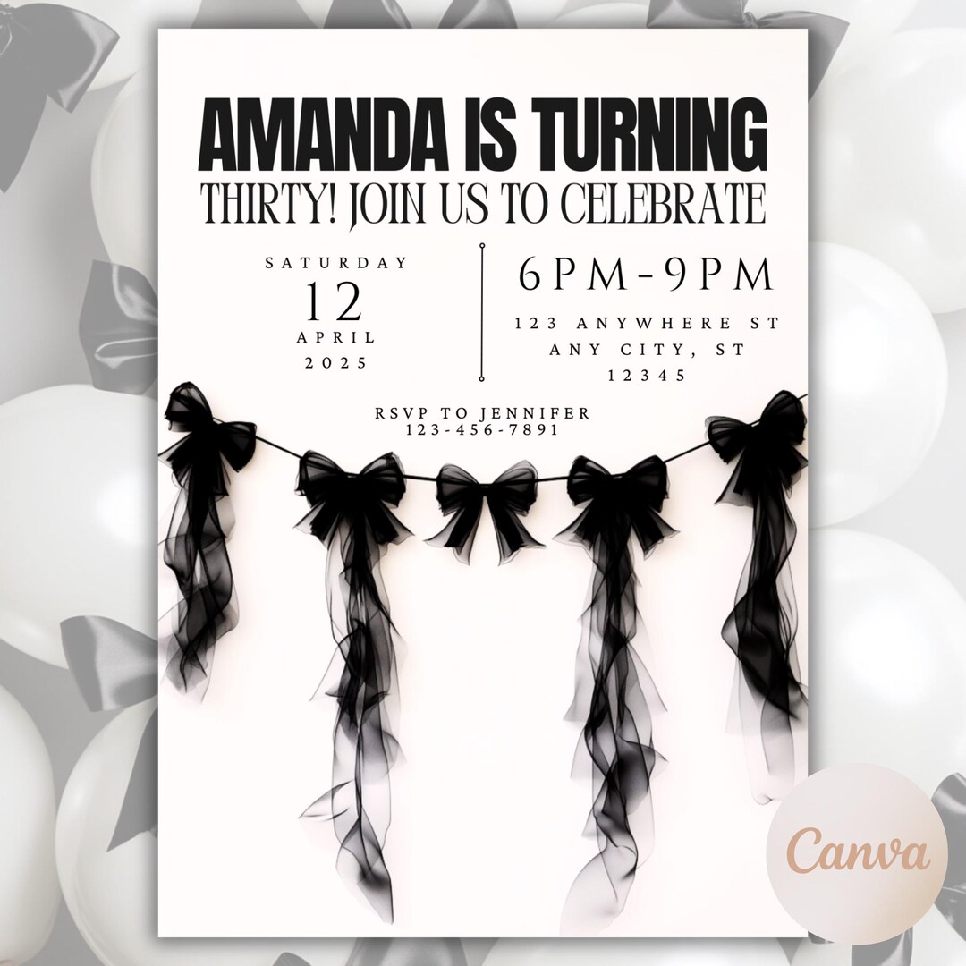 Black Bow Garland Birthday Invitation - Customizable Birthday Party ...