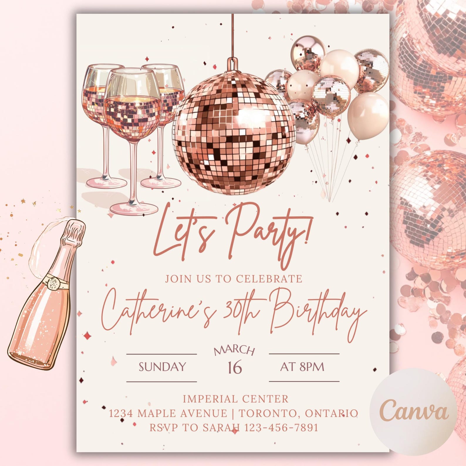 Disco Rose Gold Birthday Invitation - Customizable Birthday Party ...