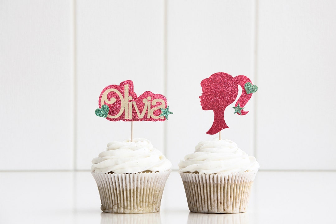 Pink Glitter Doll Cupcake Toppers: Custom Name, Doll Silhouette ...