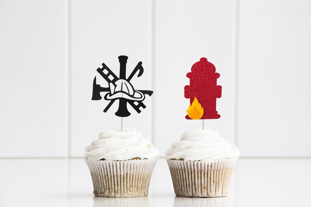12 Firefighter Cupcake Toppers, Fire Hydrant Toppers, Fire Department ...
