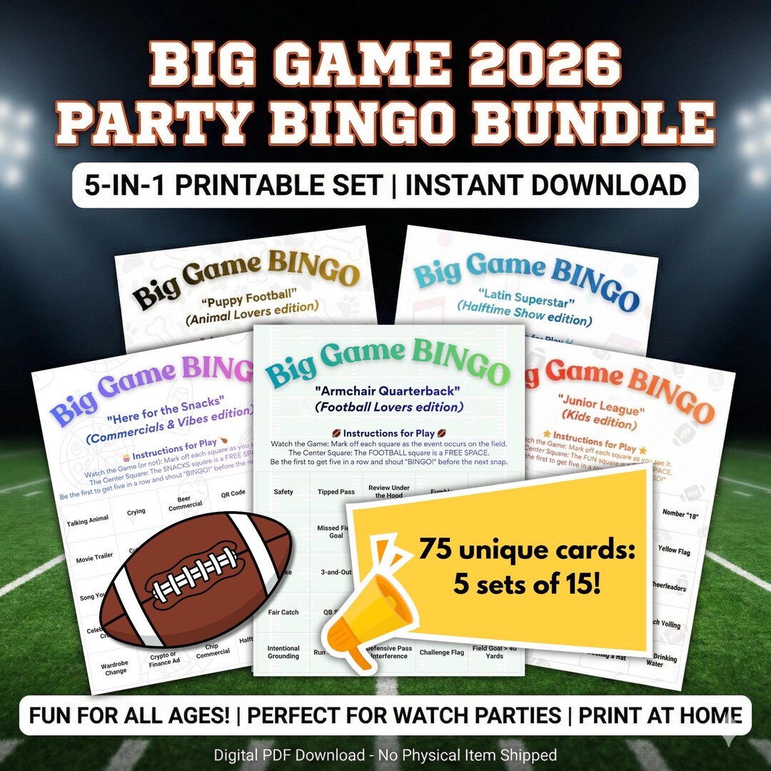 Big Football Game Bingo Bundle | 5-in-1 Printable Party Games ...