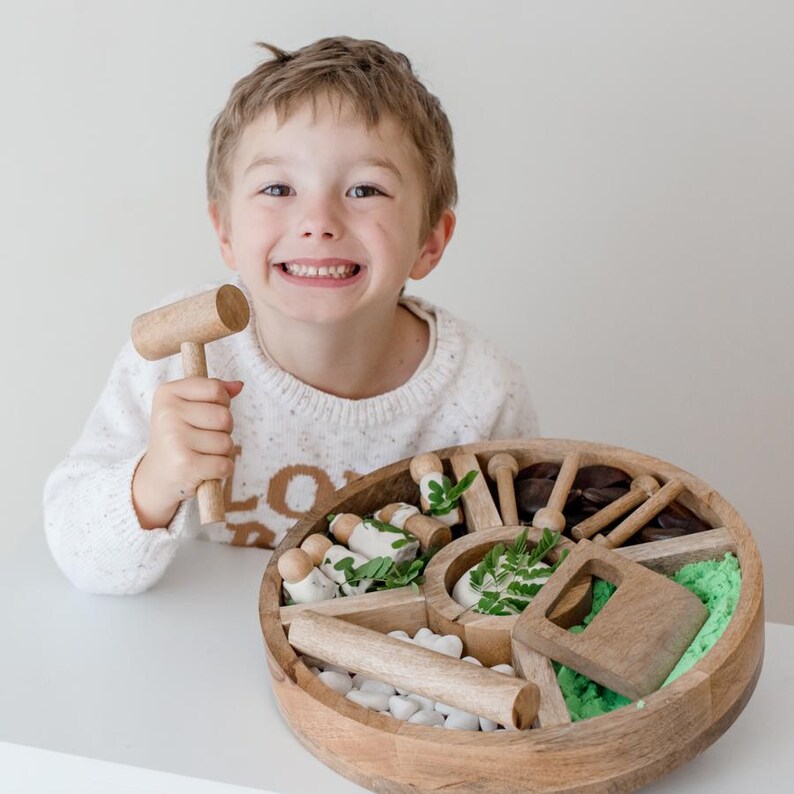 Montessori Wooden Tinker Tray Playdough Set | Hammering Pegs, Peg Dolls ...
