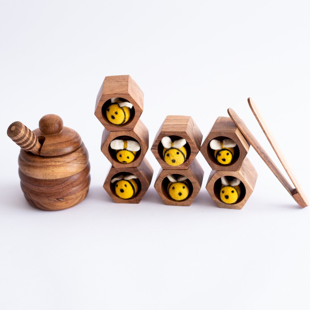 Montessori Wooden Beehive Toy | Felt Bees, Hexagon Hives, Honey Pot and ...