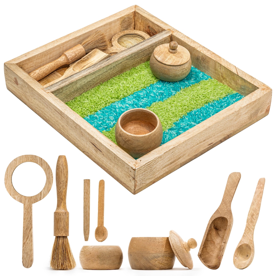 Montessori Wooden Sensory Bin Set | Rectangle Tray With Tools and Bowls ...