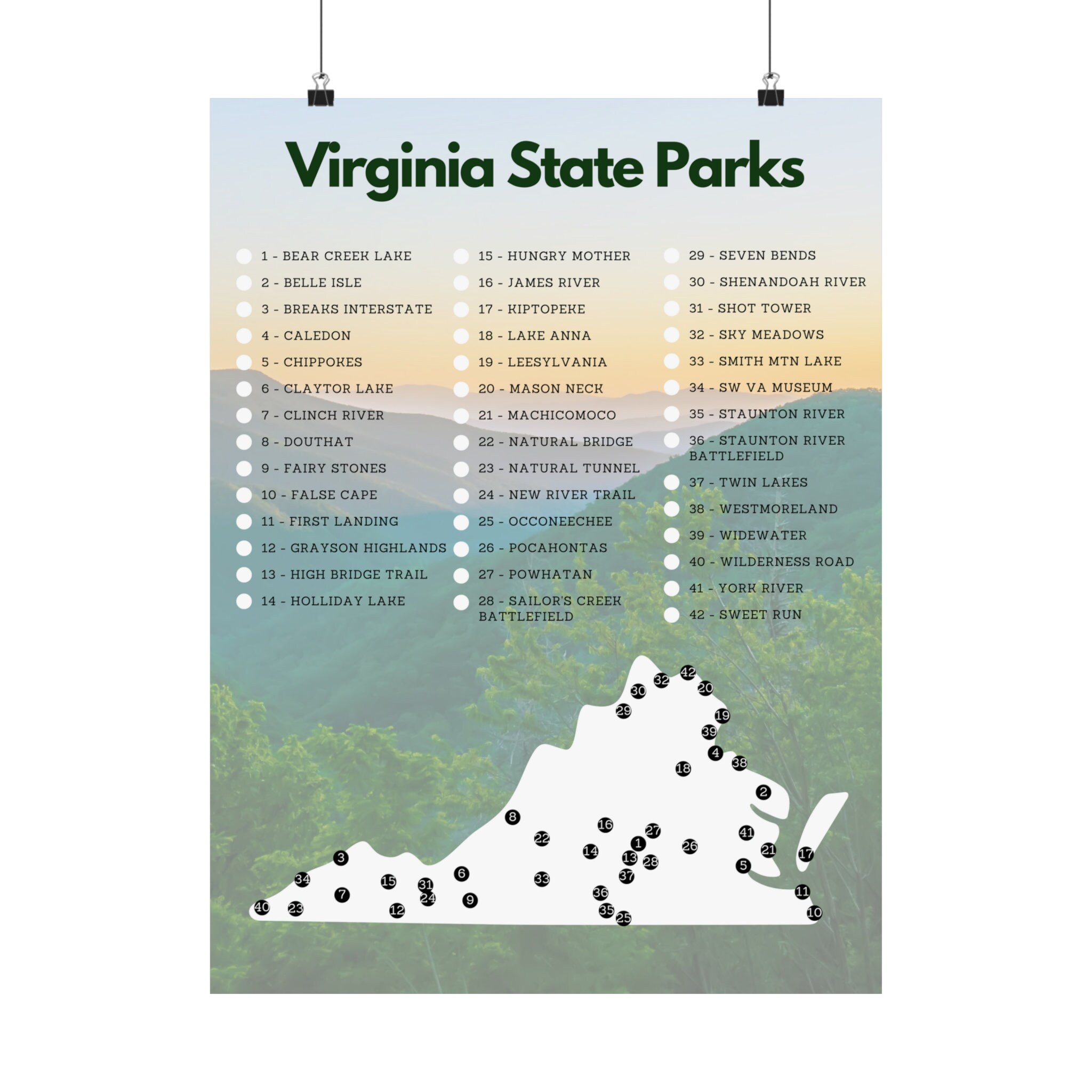 Virginia State Parks Checklist Matte Poster//9''x11''//11''x14''//16 ...