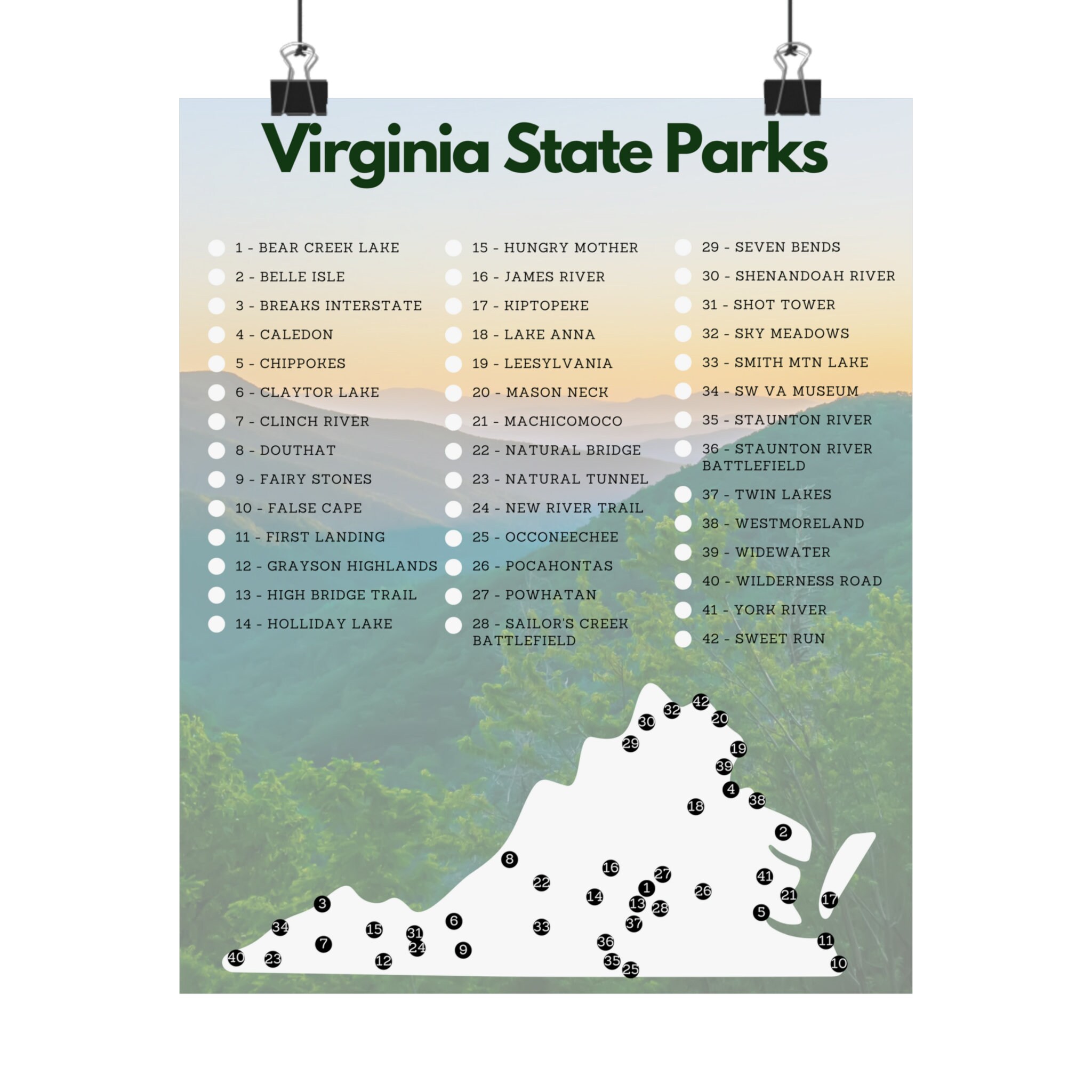 Virginia State Parks Checklist Matte Poster//9''x11''//11''x14''//16 ...