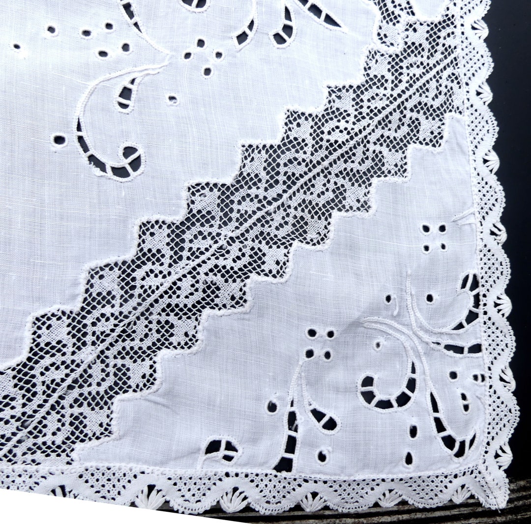 Antique Hand Embroidery and Needle Filet Cutwork Lace Cotton Tablecloth ...