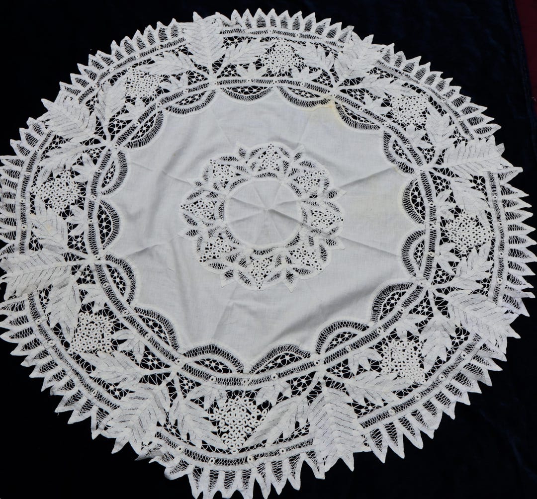 Antique 1910’s Handmade Cotton Embroidered & Battenburg Lace Tablecloth ...
