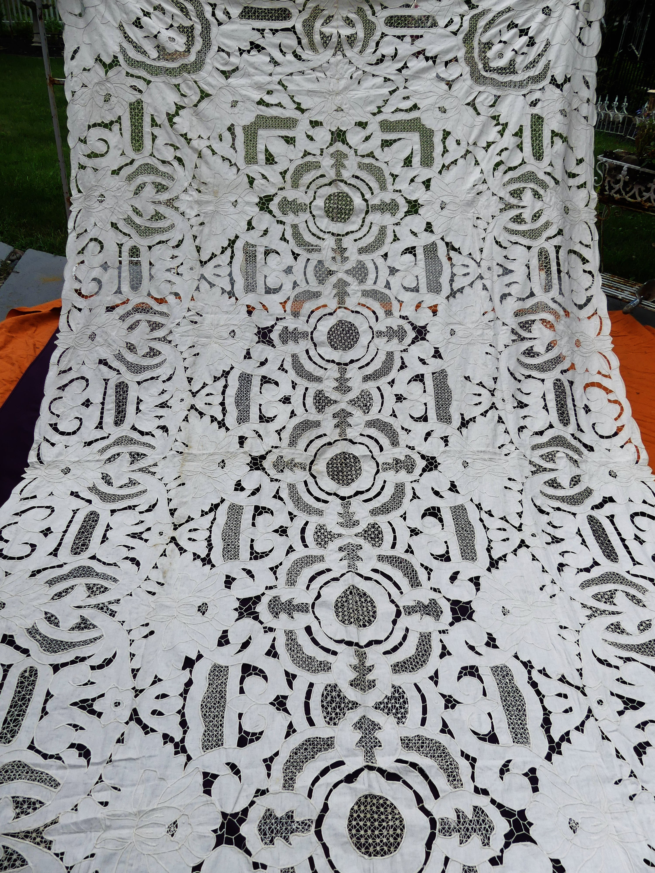 Vintage Large Handmade Embroidery Cutwork Tablecloth Color Darker Ivory ...