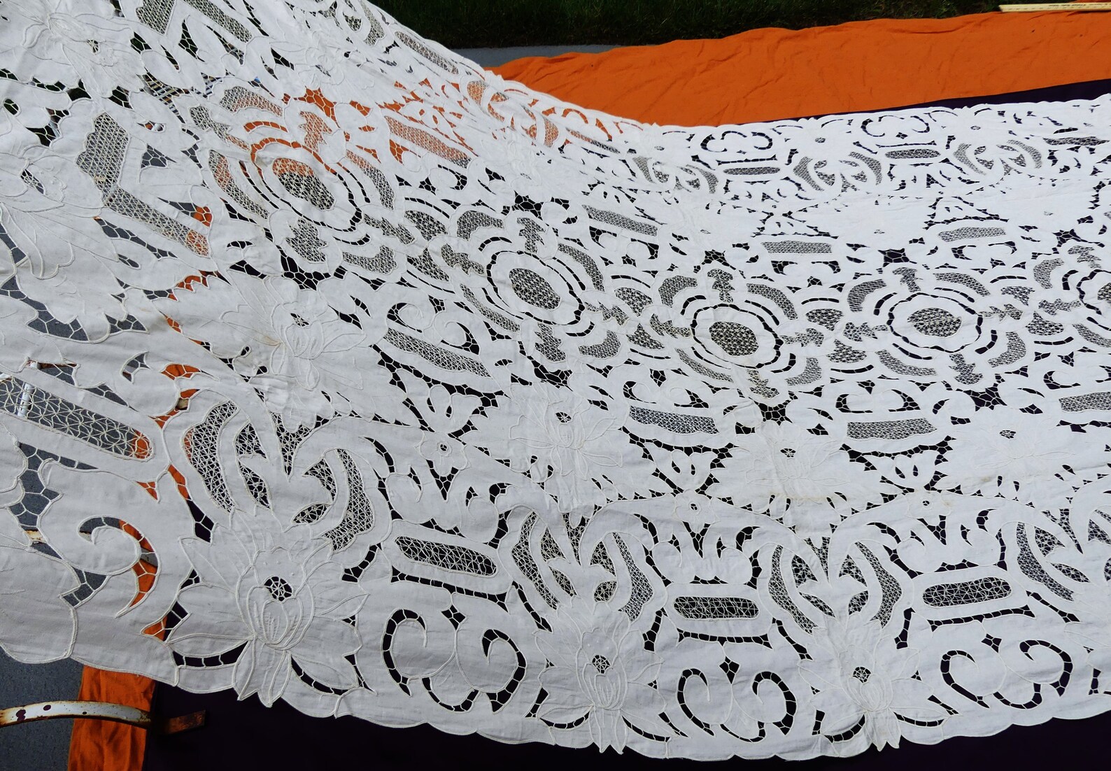 Vintage Large Handmade Embroidery Cutwork Tablecloth Color Darker Ivory ...