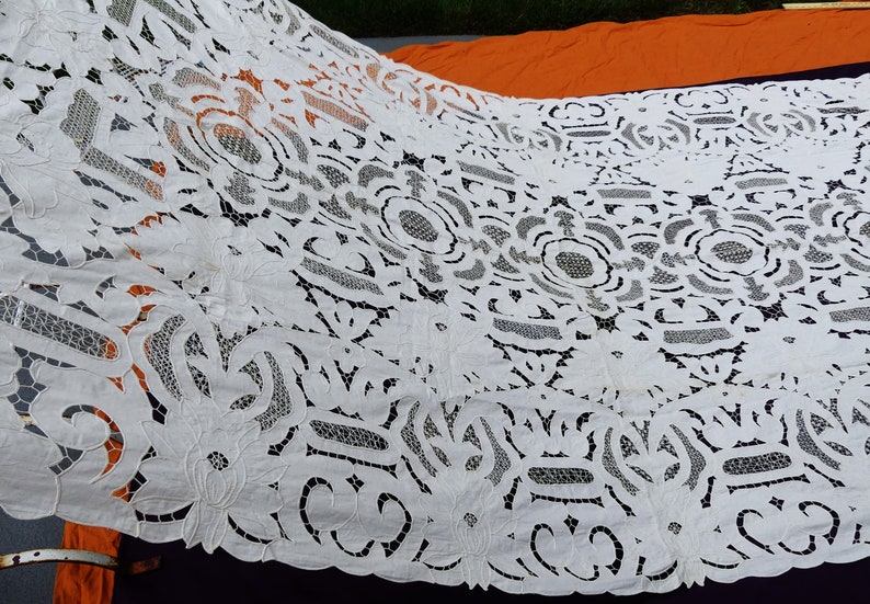 Vintage Large Handmade Embroidery Cutwork Tablecloth Color Darker Ivory ...