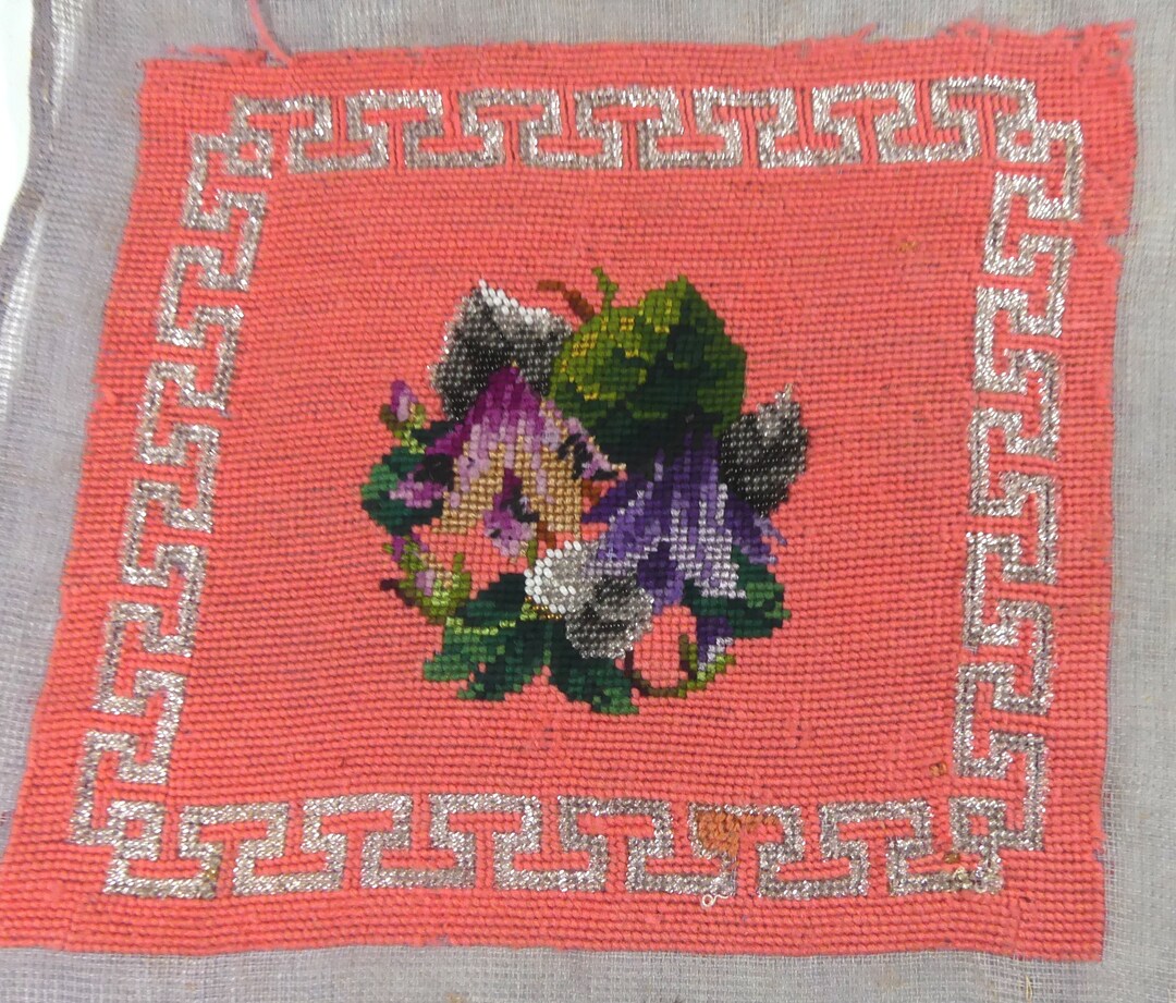 Antique Handmade Cross Stitch W Glass Beads Needlepoint Cover Flower ...