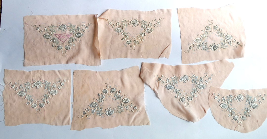 Vintage 7 Pieces Unfinished Hand Embroidery Flower on Silk Color Peach ...