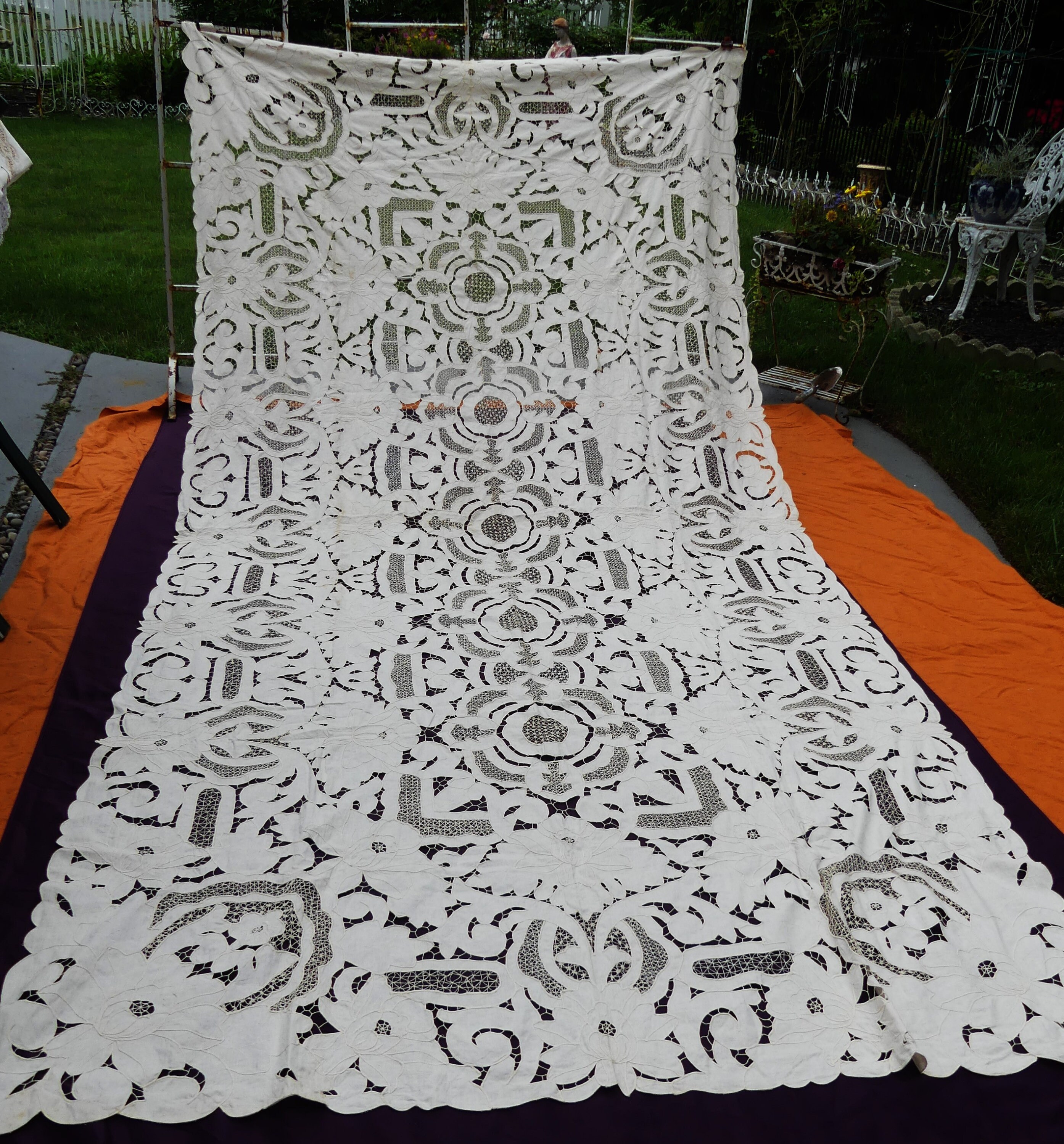 Vintage Large Handmade Embroidery Cutwork Tablecloth Color Darker Ivory ...