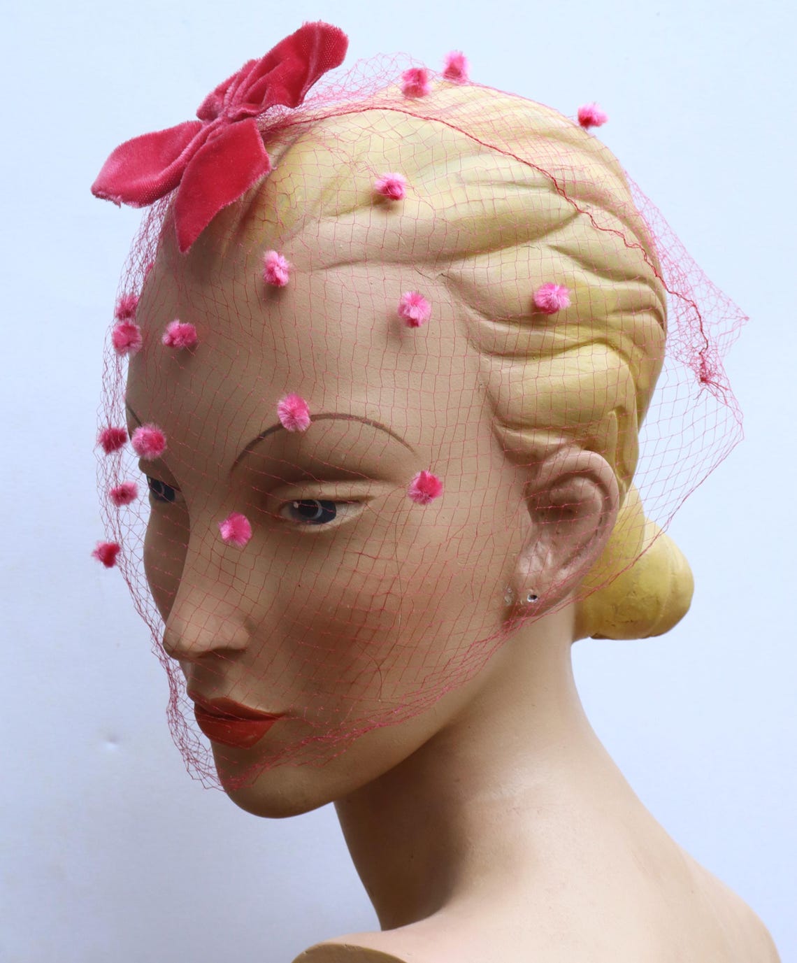 Vintage 50's Pink Color Velvet Bow W Face Veil Fascinator Hat - Etsy