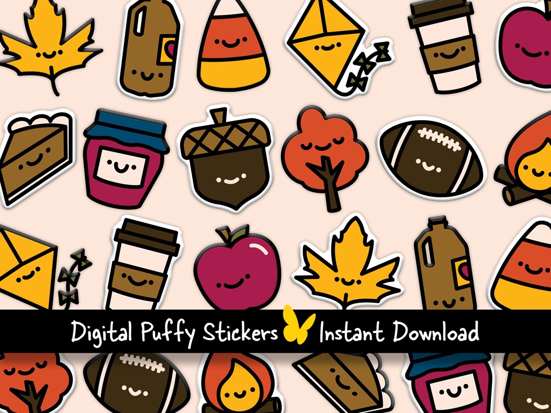 Cute Fall Puffy Digital Sticker Set Kawaii Autumn Precropped Stickers ...