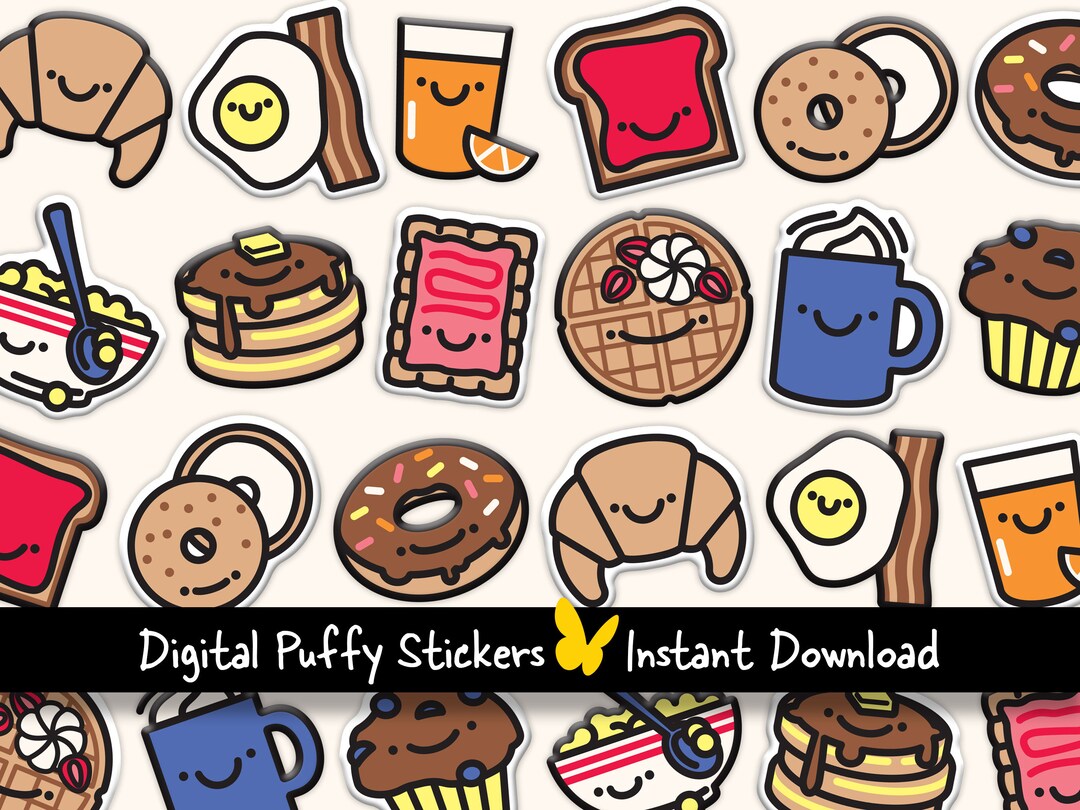 Kawaii Breakfast Digital Stickers | Cute Food Puffy Sticker Set for ...