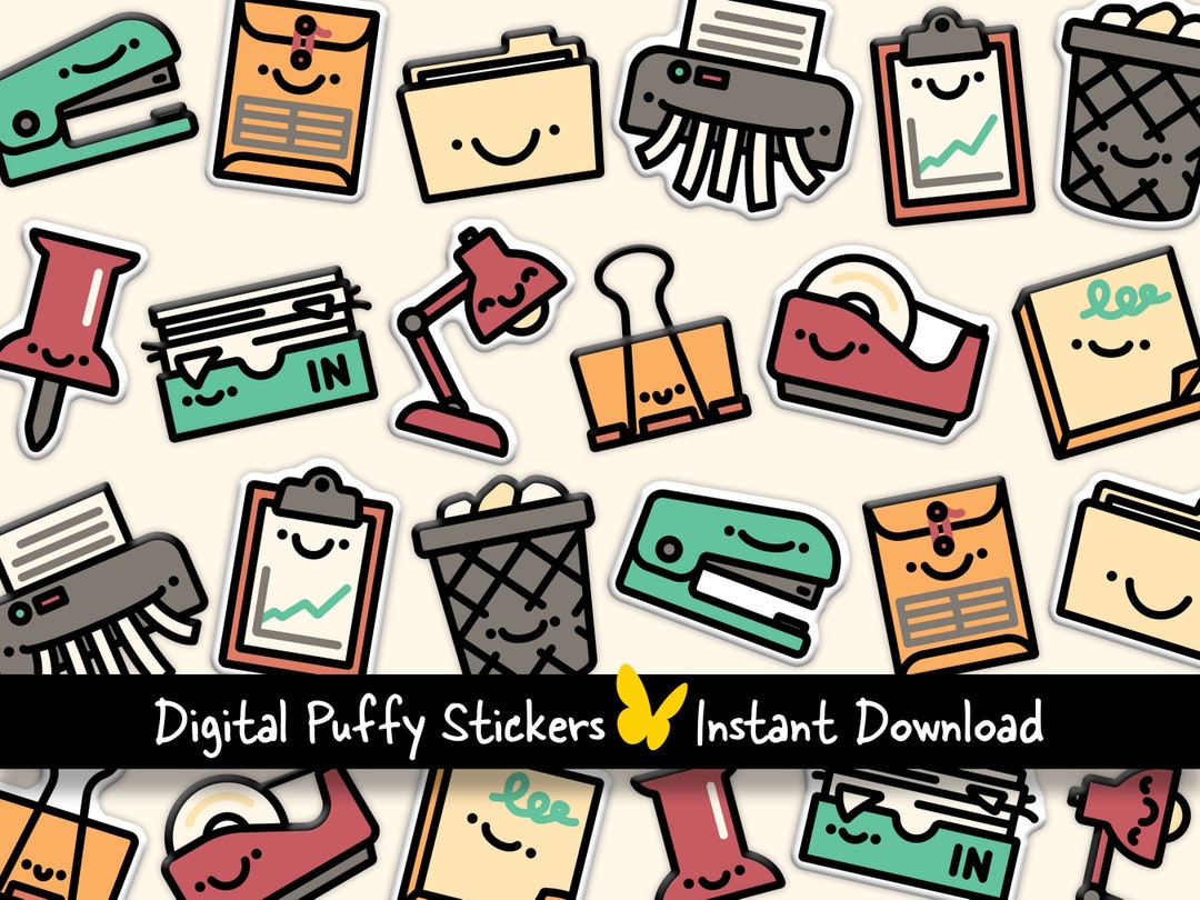 Kawaii Office Supply Digital Stickers | Cute Puffy-style Work Set for ...