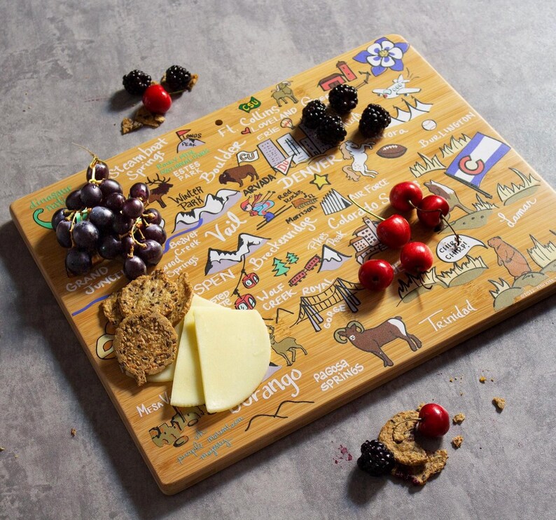 Colorado State Landmarks Bamboo Cutting Board, Engraved Map Design ...