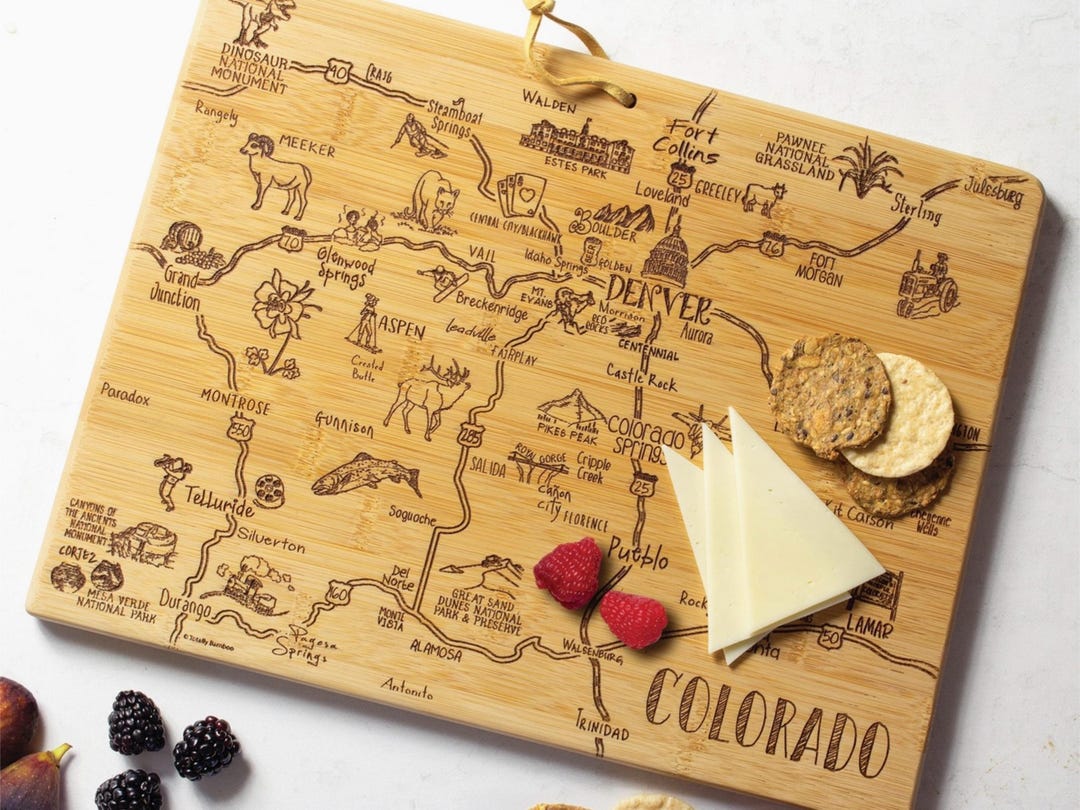 Colorado State Landmarks Bamboo Cutting Board, Engraved Map Design ...