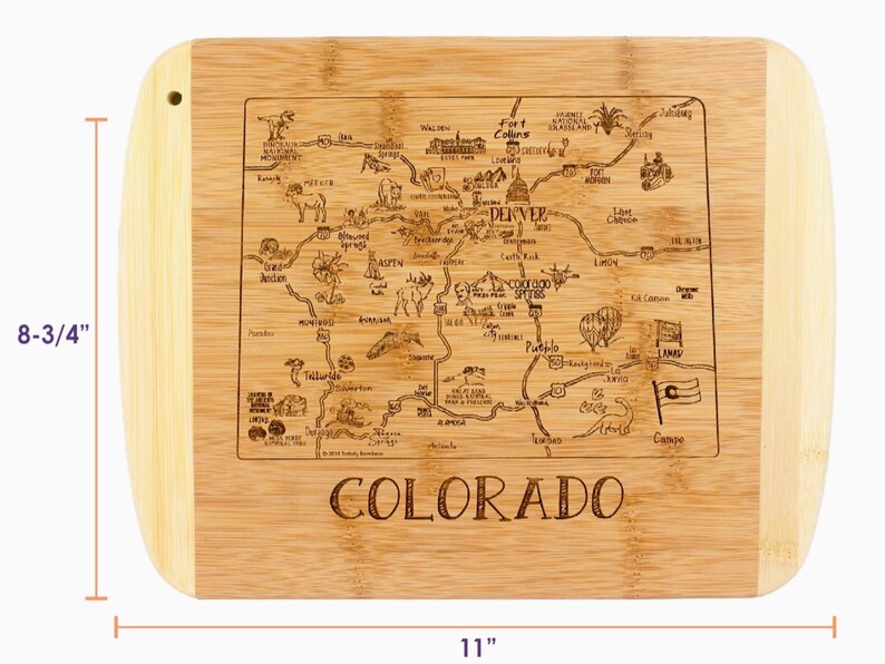 Colorado State Landmarks Bamboo Cutting Board, Engraved Map Design ...
