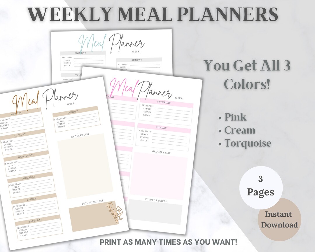 Weekly Meal Prep & Planner Printable Grocery List Recipe Ideas Tracker ...