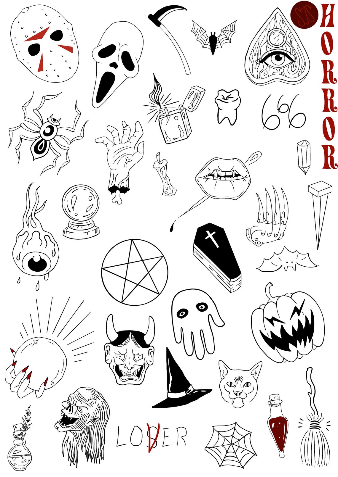 Horror/halloween Tattoo Flash Sheet - Etsy