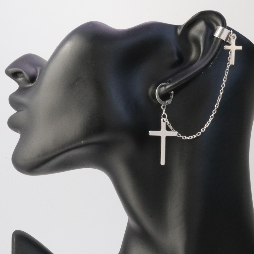 Y2k Kpop Grunge Titanium Connected Earrings - Emo Dangly Cross Chain Earrings - Stainless Steel ...