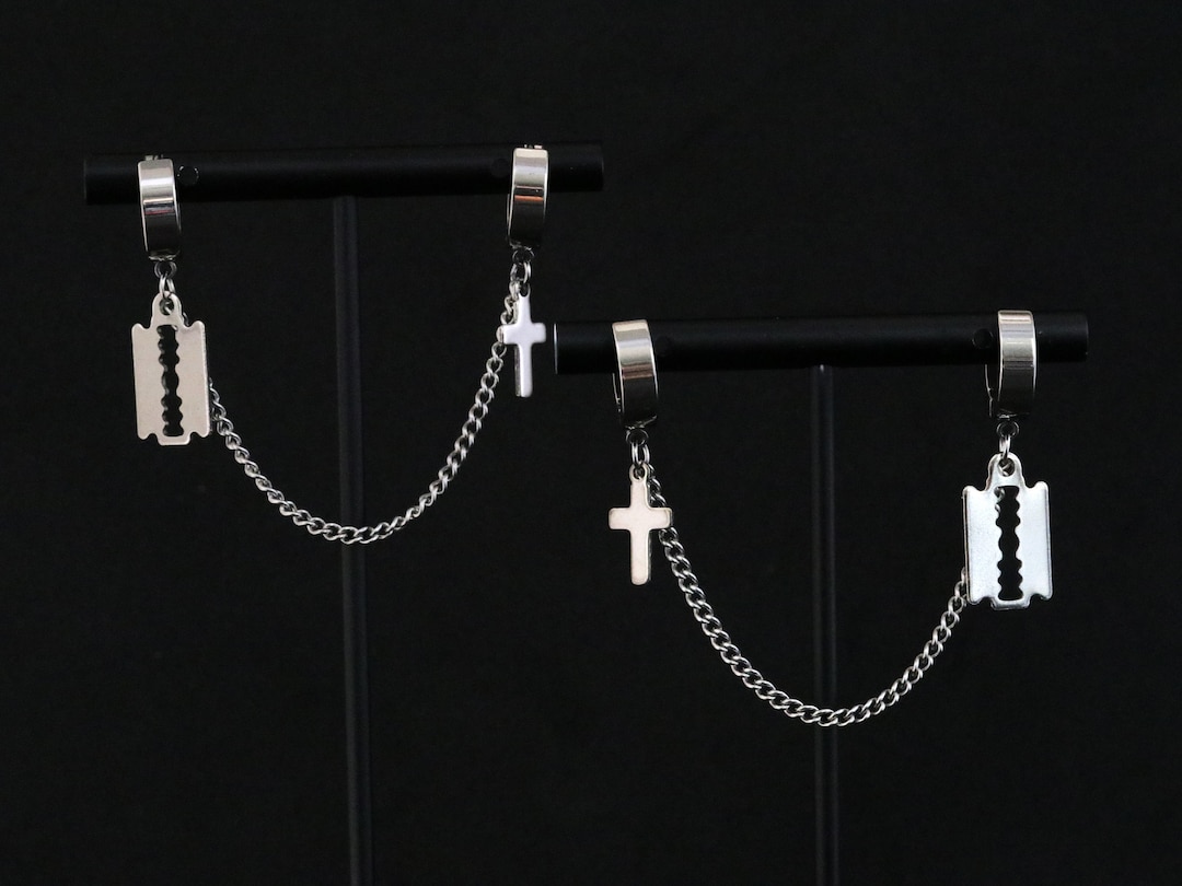 Double Piercing Titanium Connected Earrings - Razor Cross Chain ...