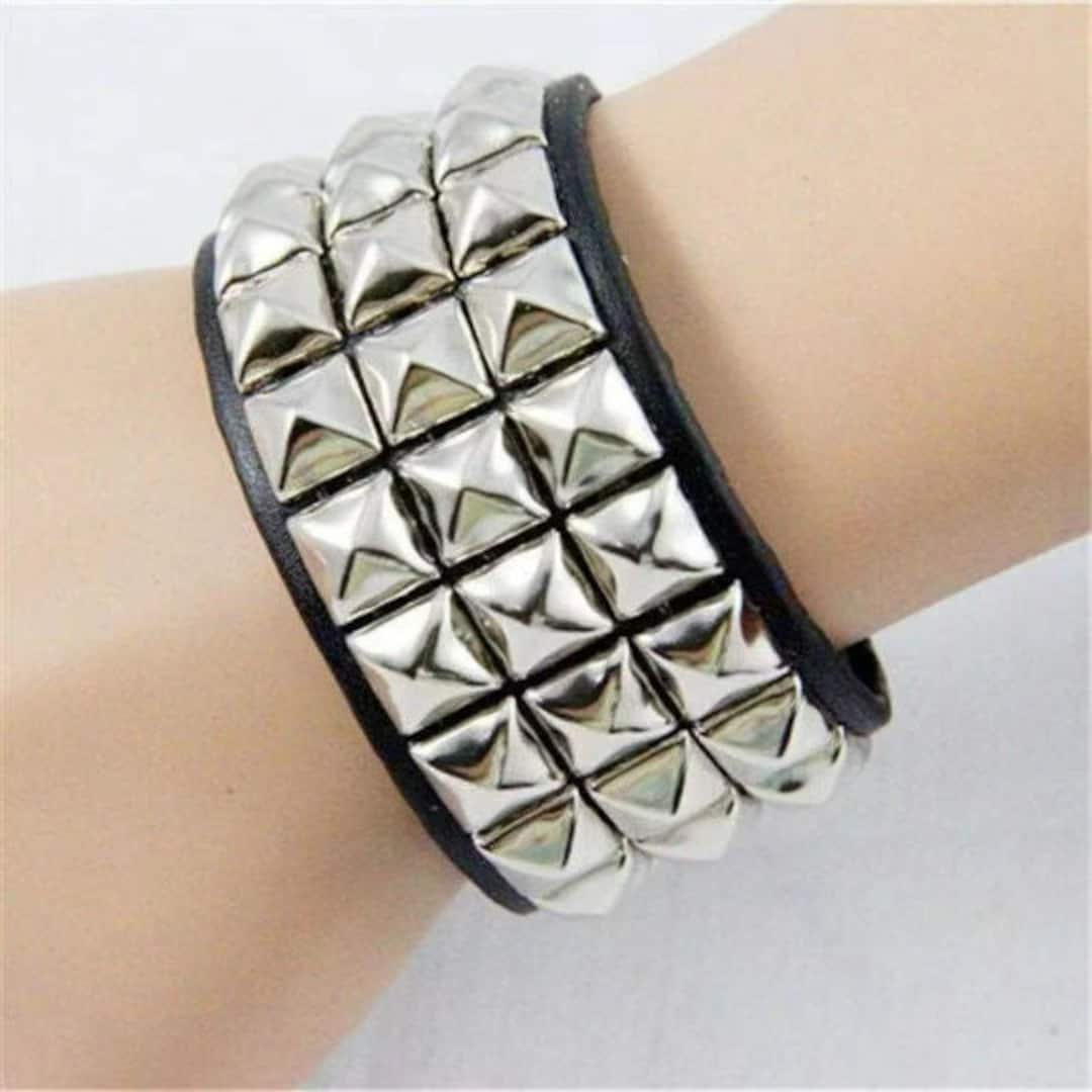 Studded Punk Rock Genuine Leather Hand Stitched Bracelet - Studded ...