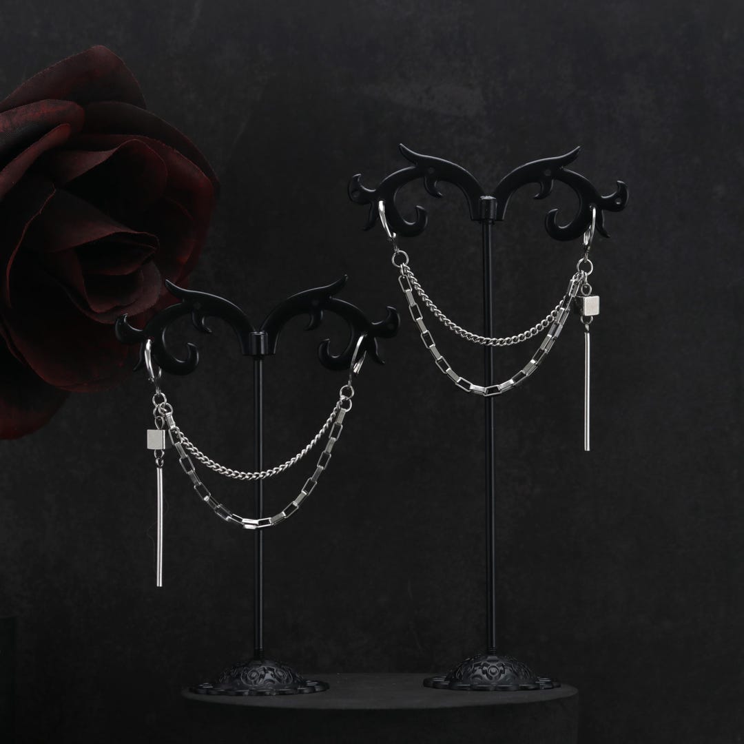 Double Piercing Chain Earrings, Dangly Stainless Steel Hoops, Goth Punk ...