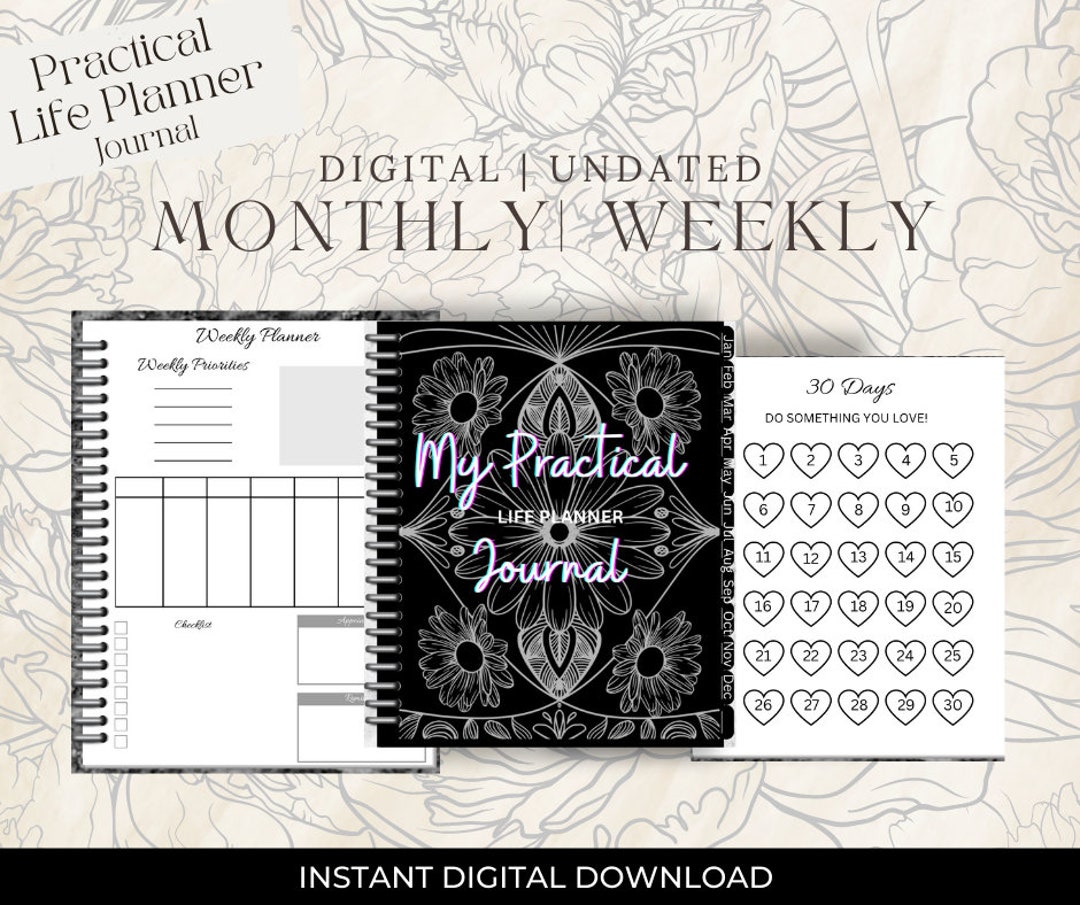 Undated Black Floral Digital Planner | Black Planner for iPad and ...