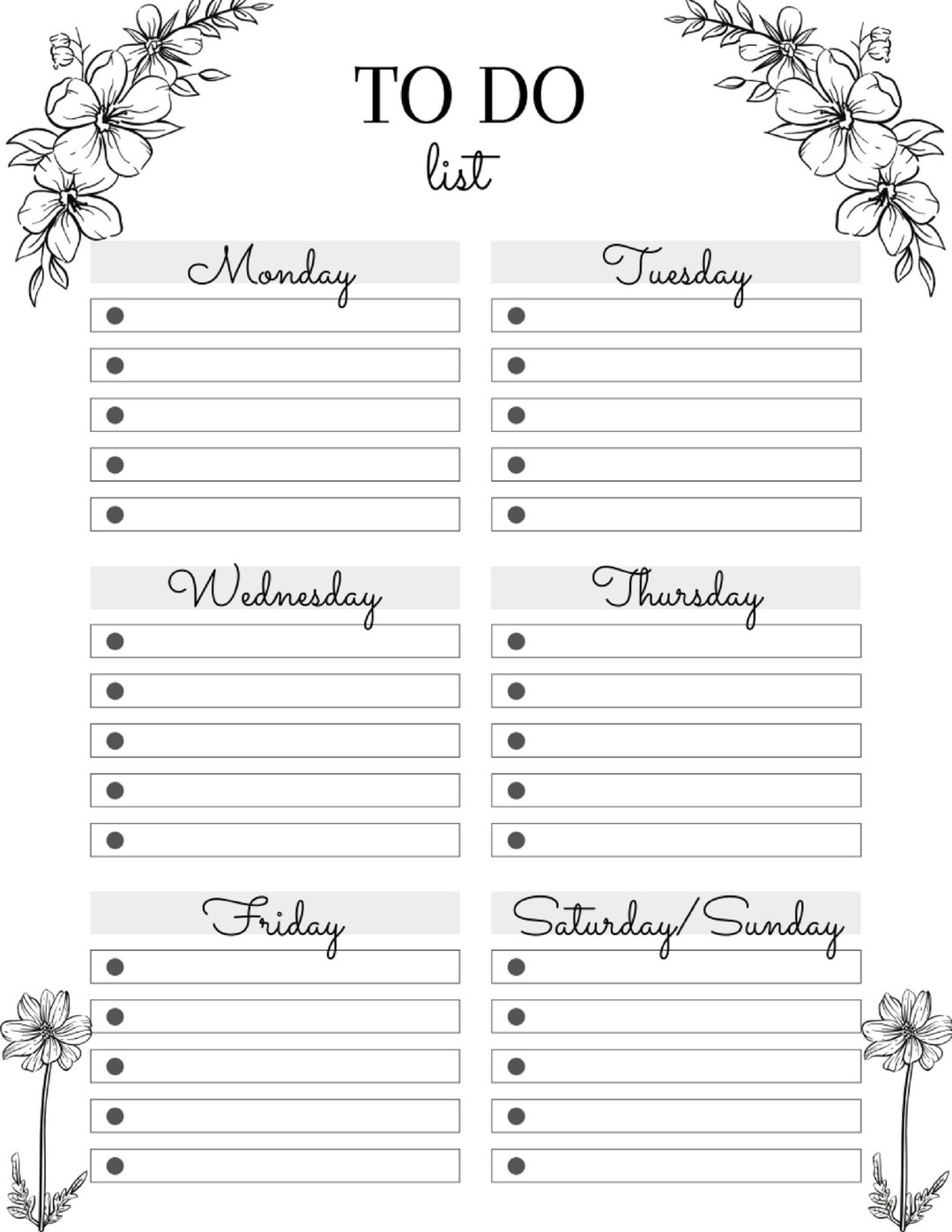 Weekly to Do List Printable | Instant Download | Flower Planner | Black ...