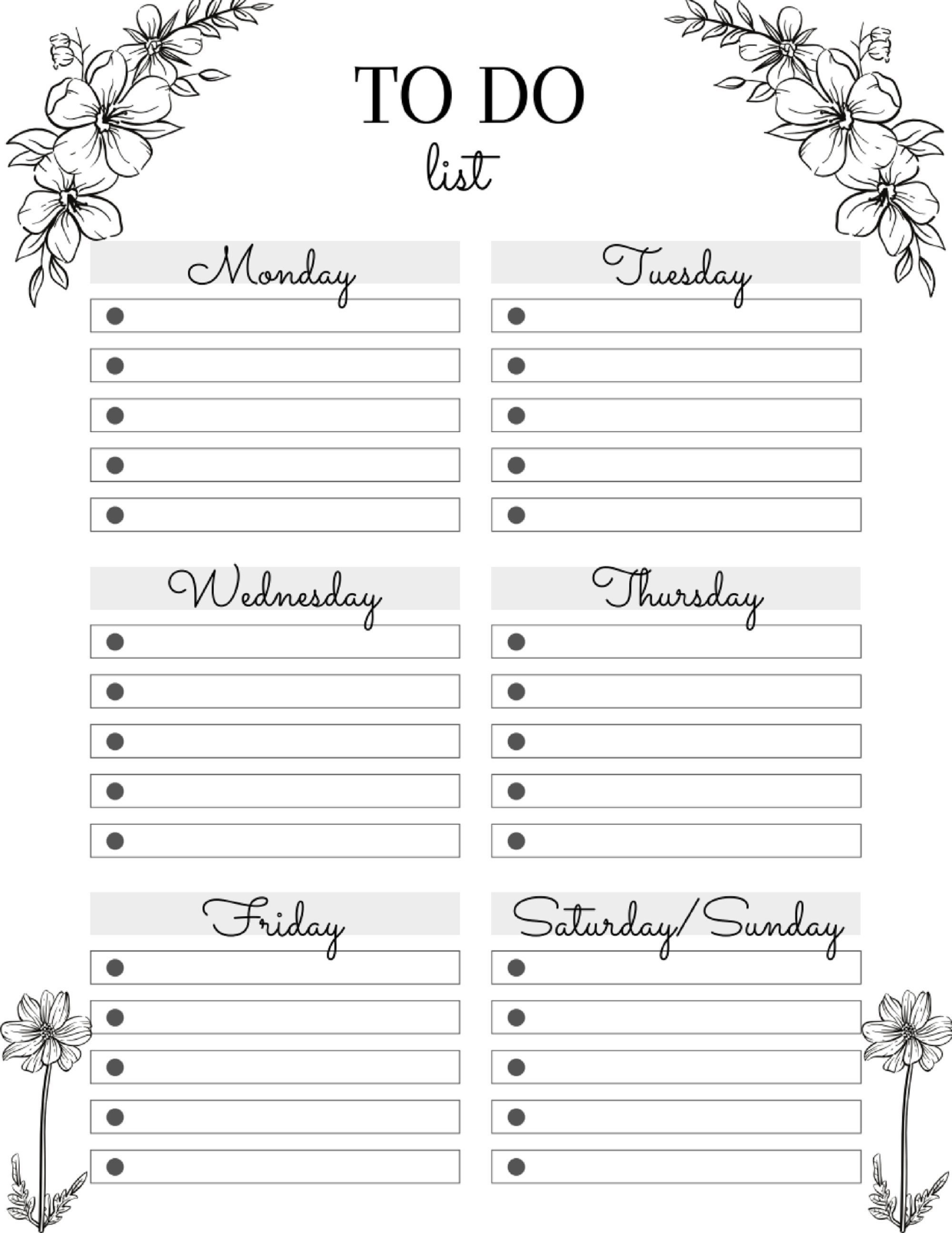 Weekly to Do List Printable | Instant Download | Flower Planner | Black ...